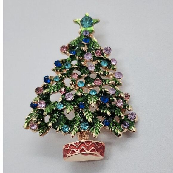 Jewelry | Decorated Christmas Tree Brooch Enamel And Rhinestone Classic ...